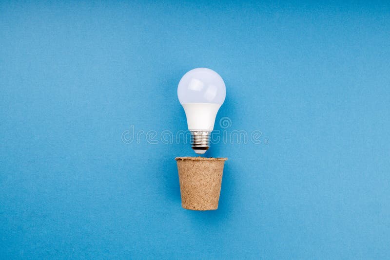 One LED Light Bulb in a Plant Pot. the General Background is Blue Stock ...