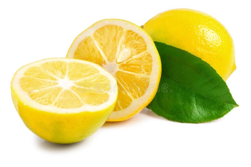 One Lemon with Leaves and Slices on White Background Stock Photo ...