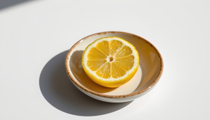 One Lemon Slice on Ceramic Dish, Stark White Background, Summer Mood ...