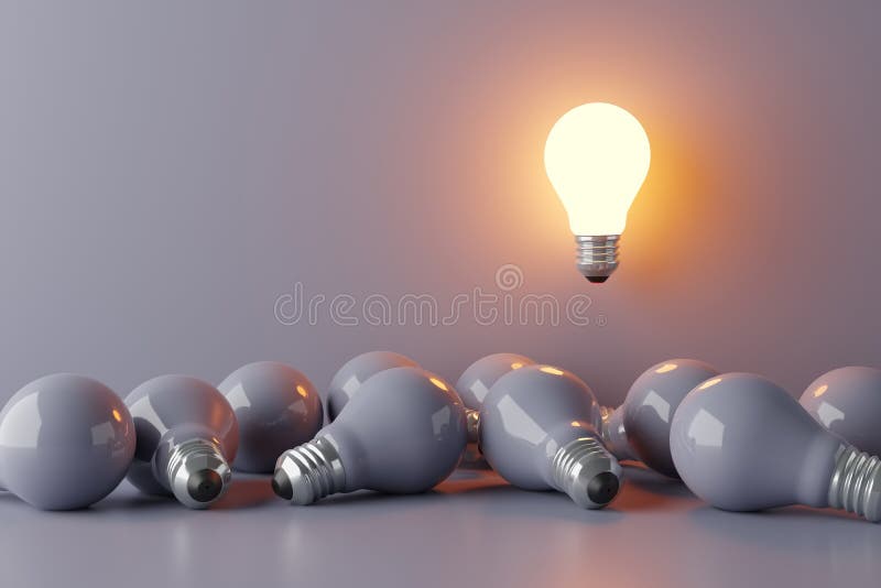 One Lightbulb Glowing Above the Others Bulbs Stock Illustration ...