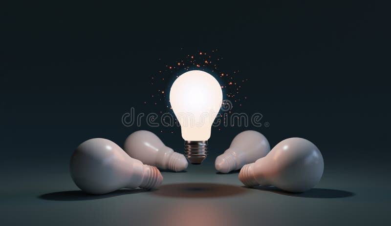 One of Lightbulb Glowing among Shutdown Light Bulb in Dark Area with ...