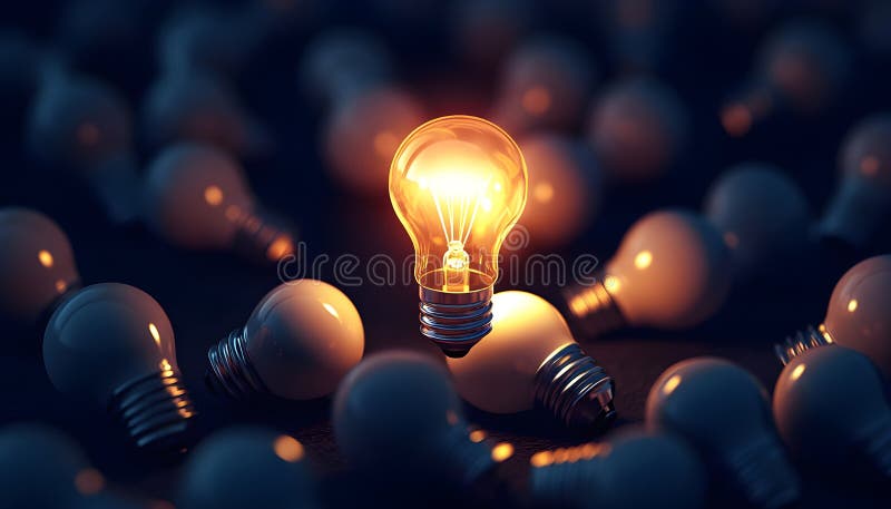 One of Lightbulb Glowing among Shutdown Light Bulb in Dark Area with ...