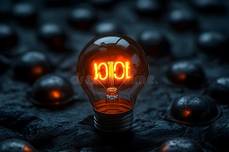 One of Lightbulbs Glowing among Shut Down Light Bulbs with Dark Area ...