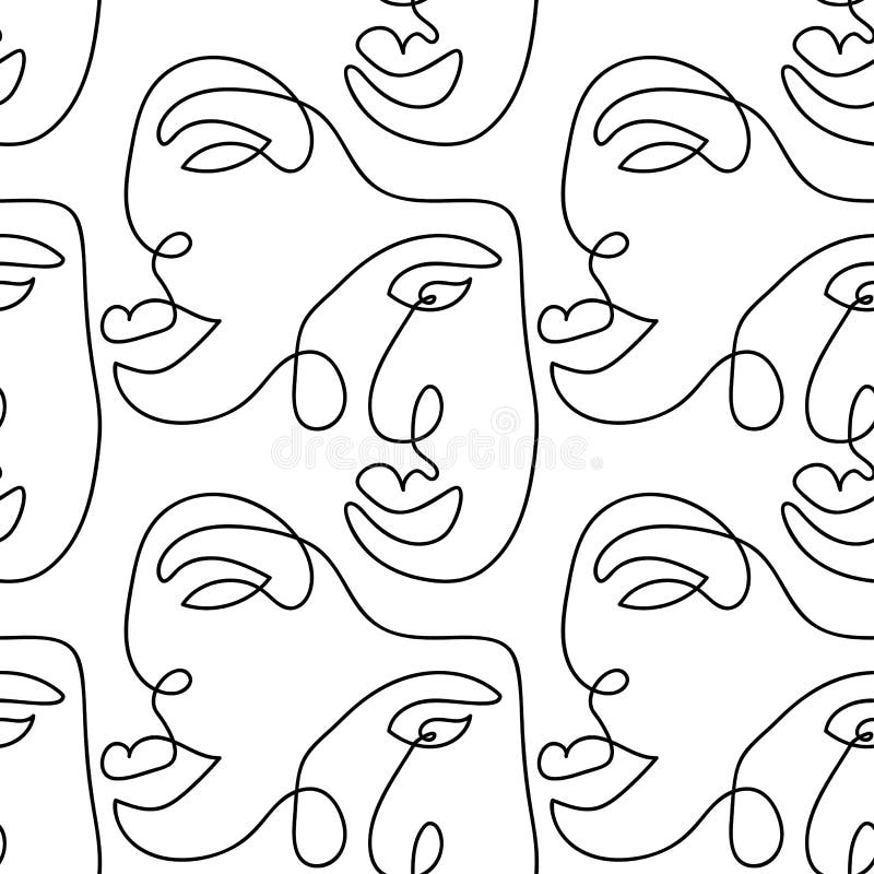 One Line Drawing Abstract Face Seamless Pattern Modern Minimalism Art