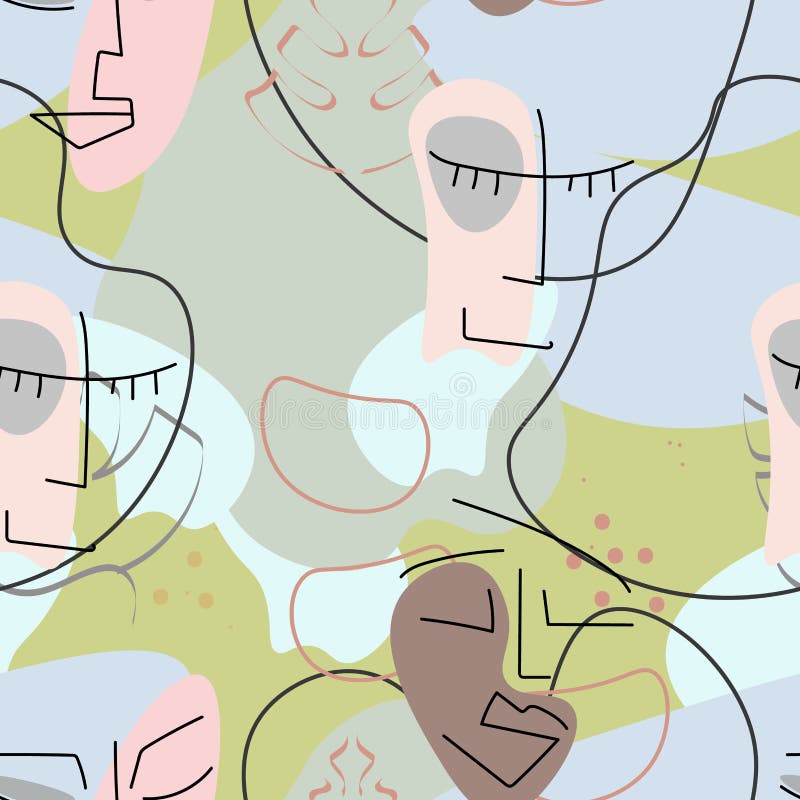 One Line Drawing. Abstract Face Seamless Pattern Stock Vector ...
