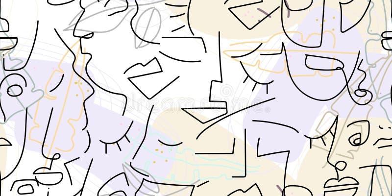 One Line Drawing. Abstract Face Seamless Pattern Stock Vector ...