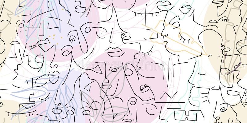 One Line Drawing. Abstract Face Seamless Pattern Stock Vector ...