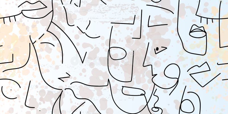 One Line Drawing. Abstract Face Seamless Pattern Stock Vector ...