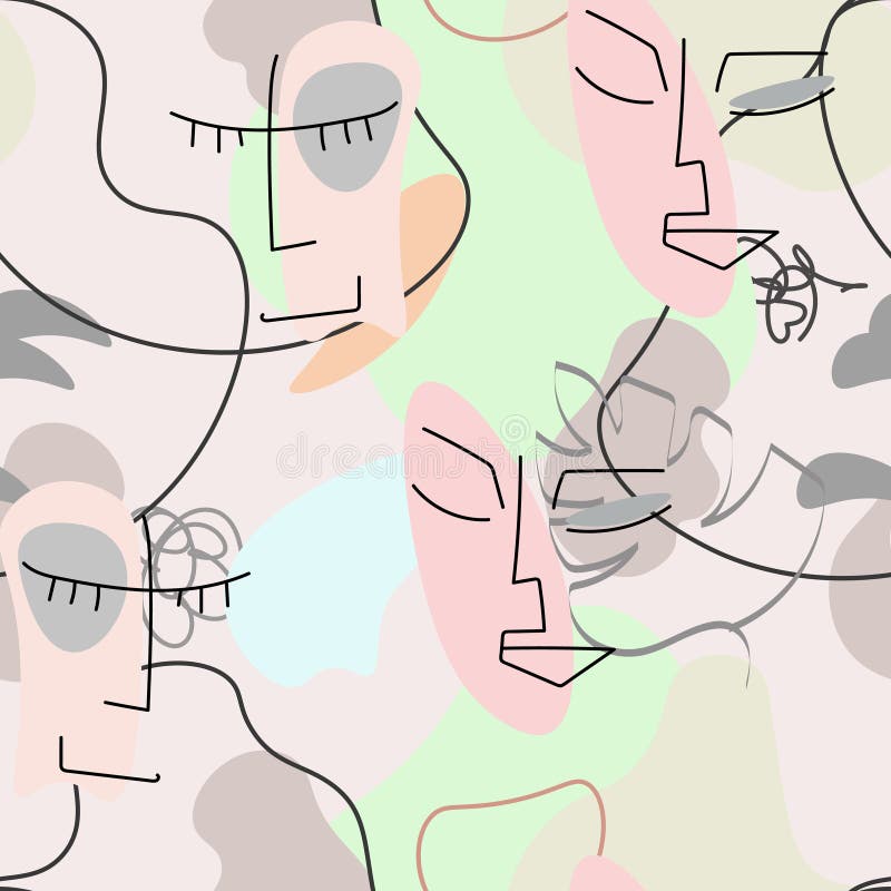 One Line Drawing Abstract Face Seamless Pattern Stock Vector