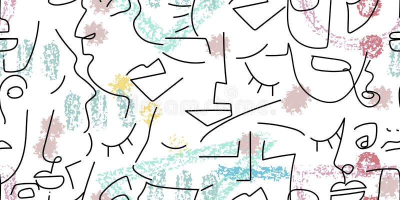 One Line Drawing Abstract Face Seamless Pattern Stock Vector