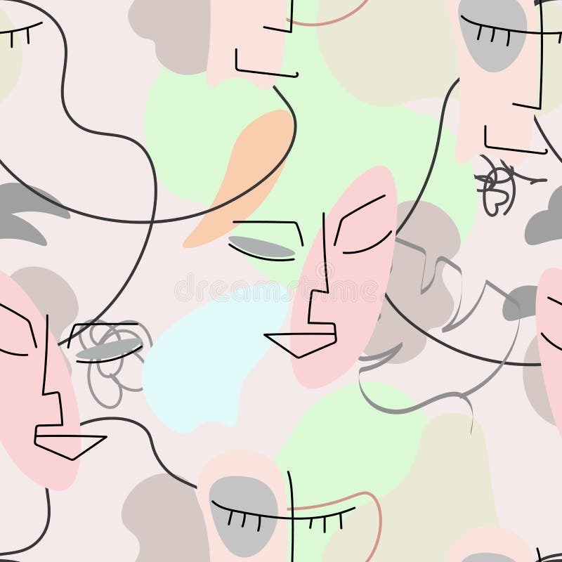 One Line Drawing. Abstract Face Seamless Pattern Stock Vector ...