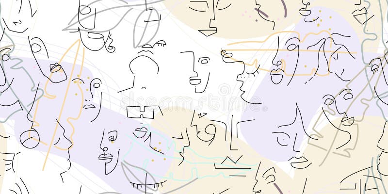 One Line Drawing. Abstract Face Seamless Pattern Stock Vector ...