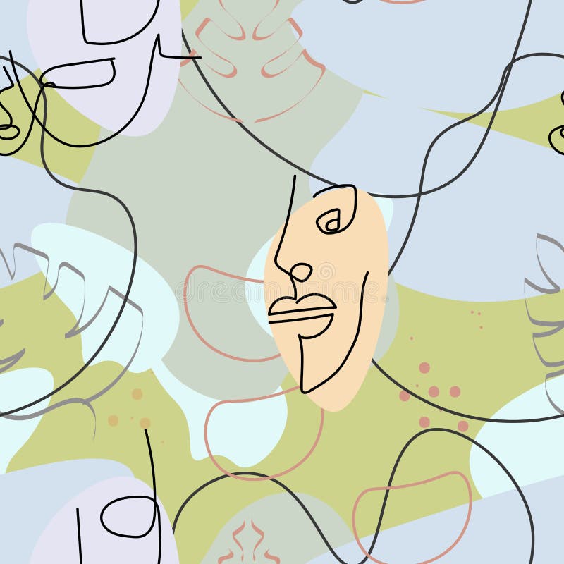 One Line Drawing. Abstract Face Seamless Pattern Stock Vector ...