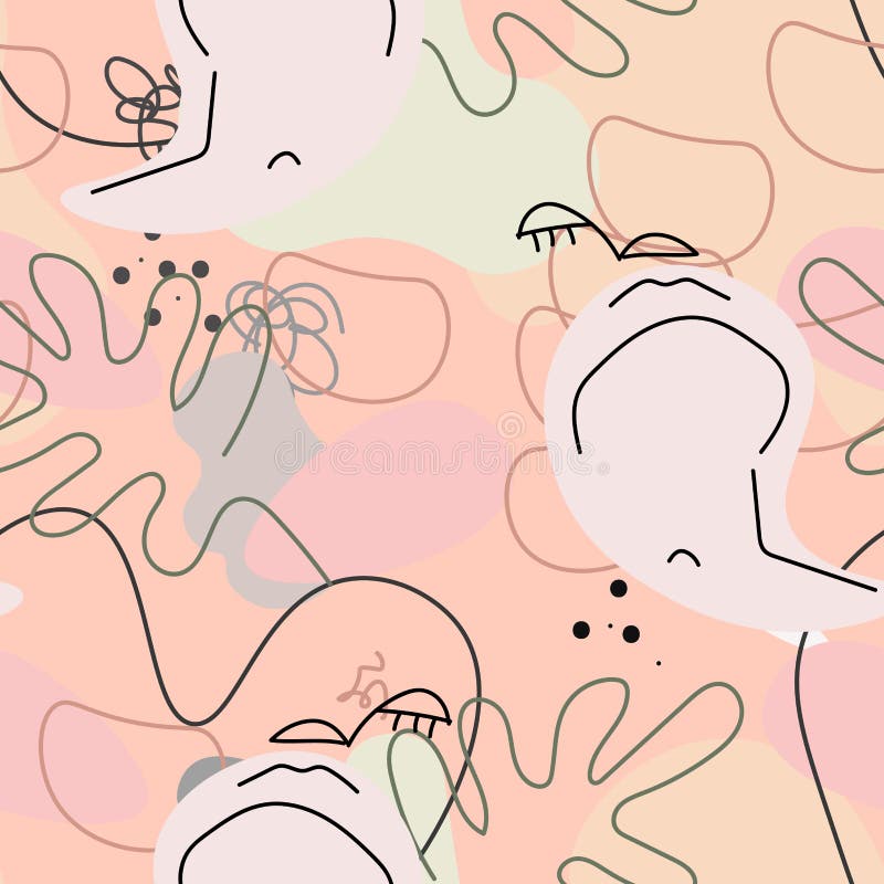 One Line Drawing. Abstract Face Seamless Pattern Stock Vector ...