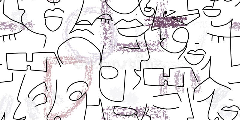 One Line Drawing. Abstract Face Seamless Pattern Stock Vector ...