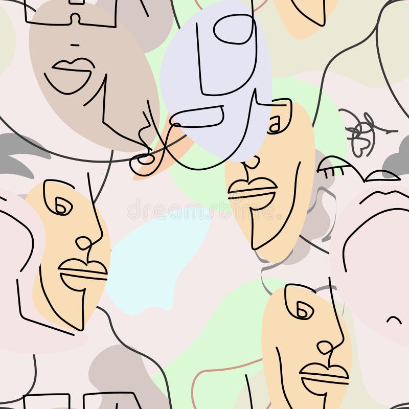One Line Drawing. Abstract Face Seamless Pattern Stock Vector ...