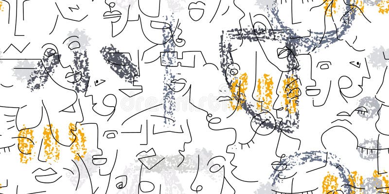 One Line Drawing. Abstract Face Seamless Pattern Stock Vector ...