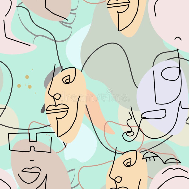 One Line Drawing. Abstract Face Seamless Pattern Stock Vector ...