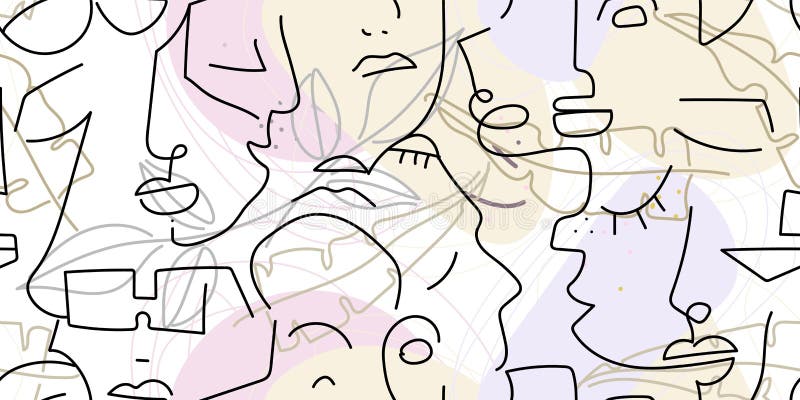 One Line Drawing. Abstract Face Seamless Pattern Stock Vector ...