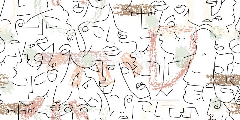 One Line Drawing. Abstract Face Seamless Pattern Stock Vector ...