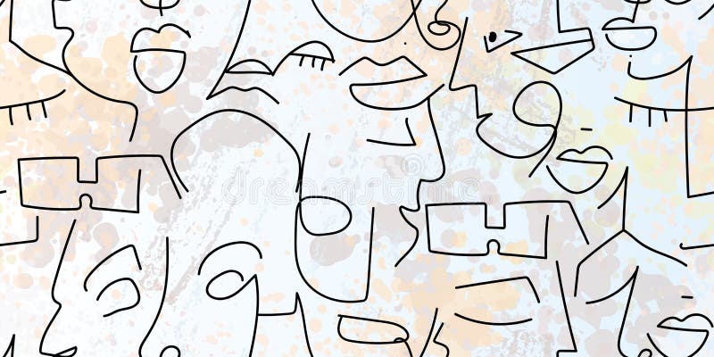 One Line Drawing. Abstract Face Seamless Pattern Stock Illustration ...