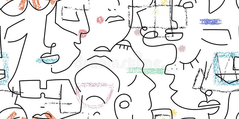 One Line Drawing. Abstract Face Seamless Pattern Stock Vector ...