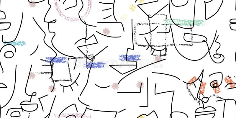 One Line Drawing. Abstract Face Seamless Pattern Stock Vector ...