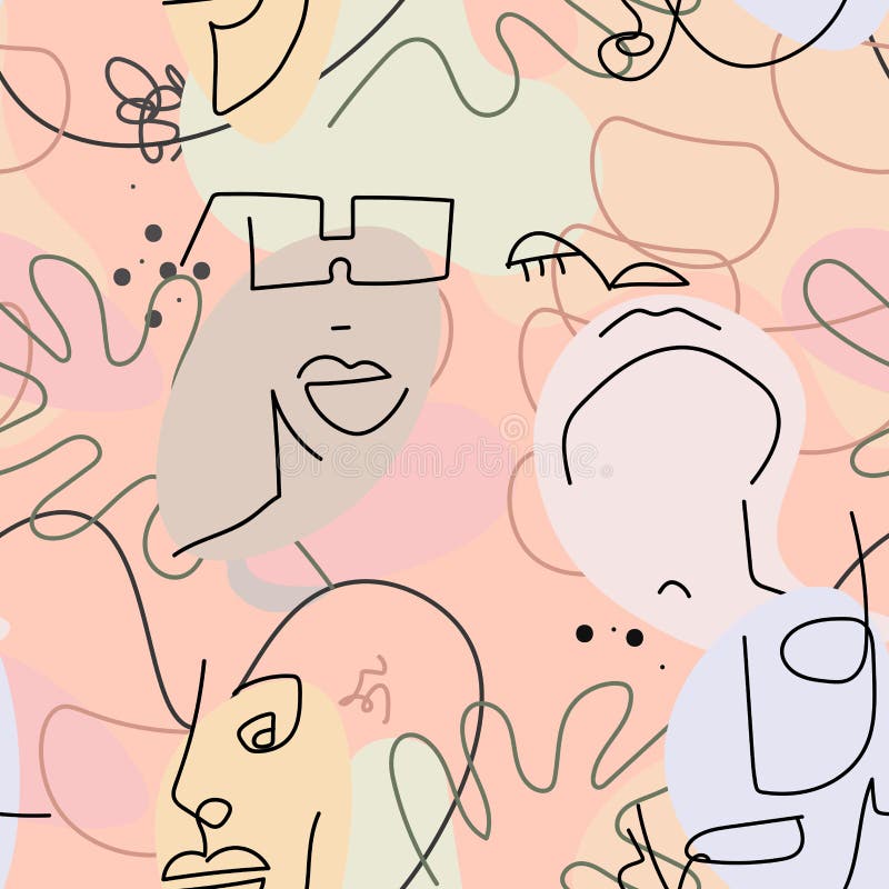 One Line Drawing. Abstract Face Seamless Pattern Stock Vector ...