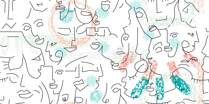 One Line Drawing. Abstract Face Seamless Pattern Stock Vector ...