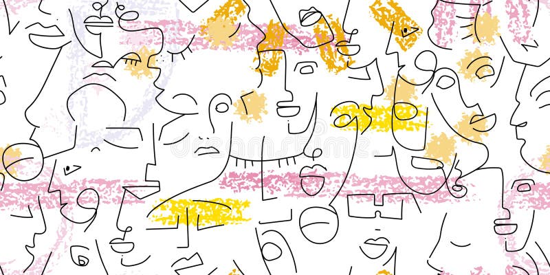 One Line Drawing. Abstract Face Seamless Pattern Stock Illustration ...