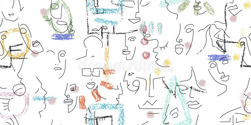 One Line Drawing. Abstract Face Seamless Pattern Stock Vector ...