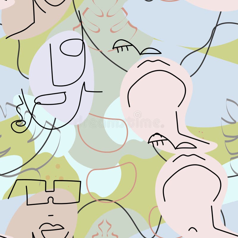 One Line Drawing Abstract Face Seamless Pattern Stock Vector