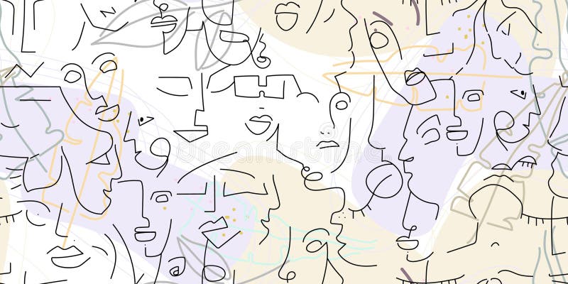 One Line Drawing. Abstract Face Seamless Pattern Stock Vector ...