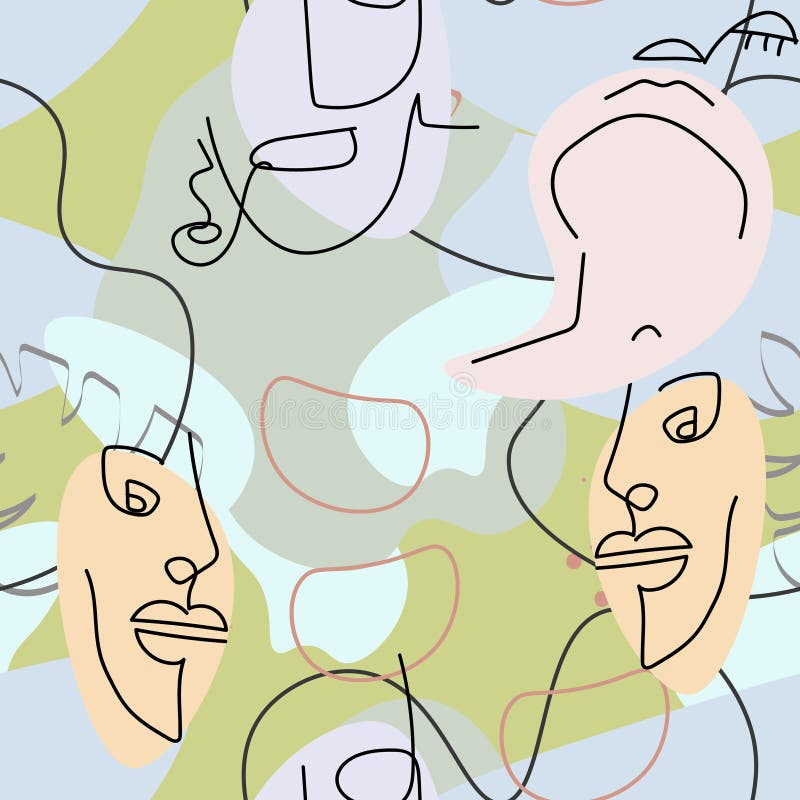 One Line Drawing Abstract Face Seamless Pattern Stock Vector