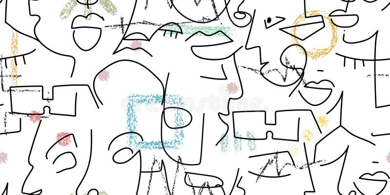 One Line Drawing. Abstract Face Seamless Pattern Stock Vector ...