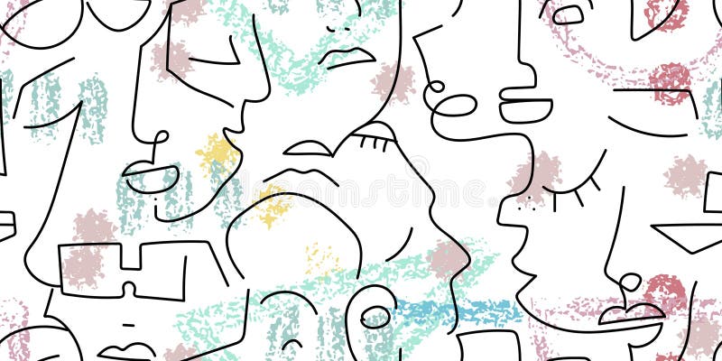 One Line Drawing. Abstract Face Seamless Pattern Stock Vector ...