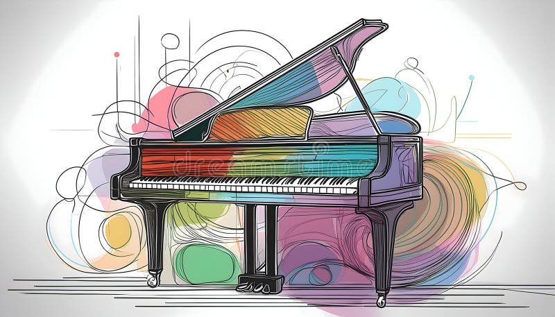 One Line Drawing and Continue for Colorful Piano Sketch Stock ...