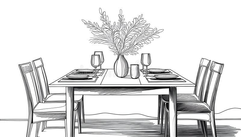One Line Drawing and Continue for Dining Table Stock Illustration ...