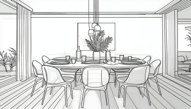 One Line Drawing and Continue for Dining Table on Digital Art Concept ...