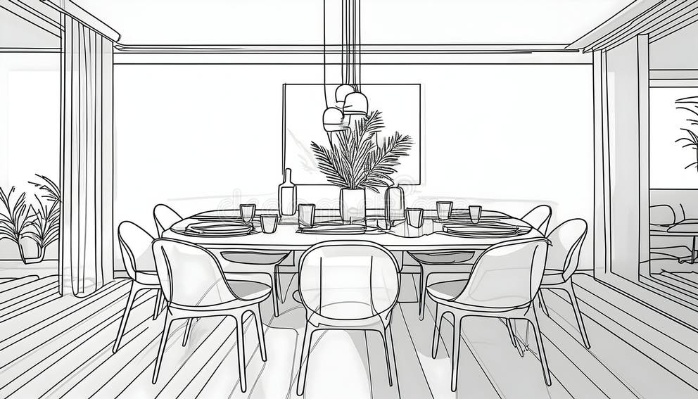 One Line Drawing and Continue for Dining Table on Digital Art Concept ...
