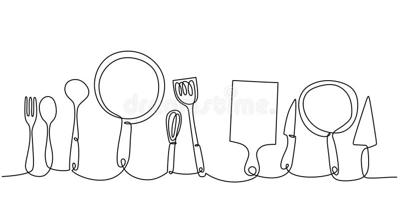 One Line Drawing of Fork, Spoon, Mixer, Pan, Spatula, Cutting Board and ...