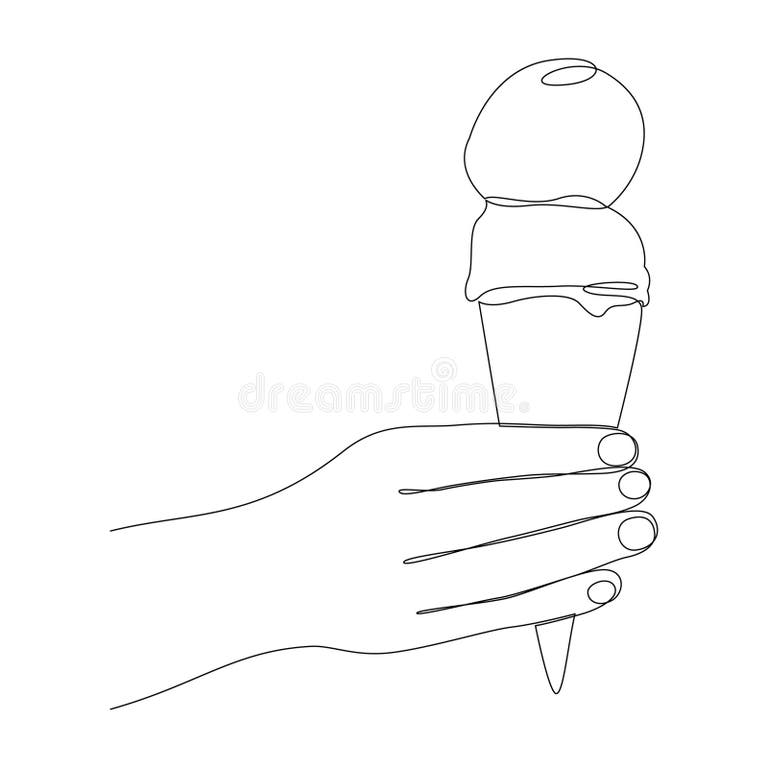 One Line Drawing Of Hand Holding Ice Cream Horn With Two Balls Vector