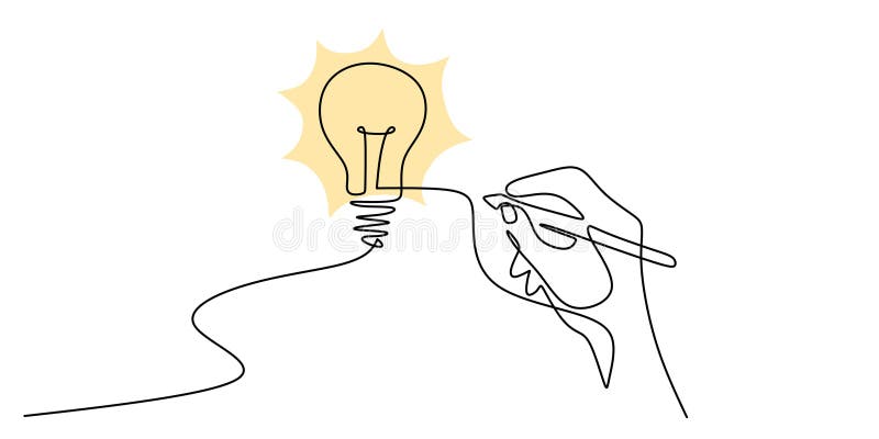 One Line Drawing of Hand Holding a Pen with Light Bulb. Representing ...