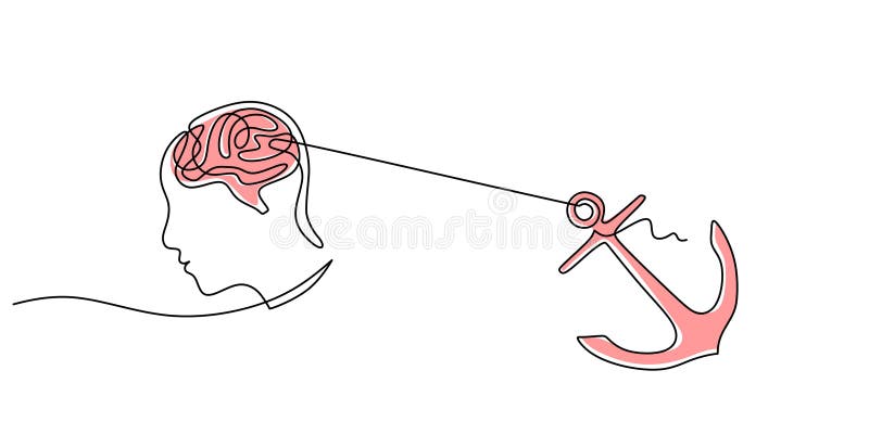One Line Drawing of a Head with a Brain and Anchor, Symbolizing Mental ...