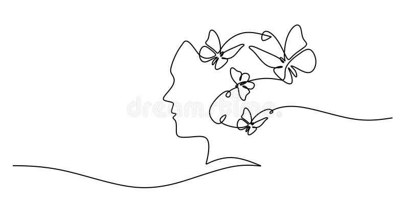 One Line Drawing of Head with Butterflies Representing Growth and ...
