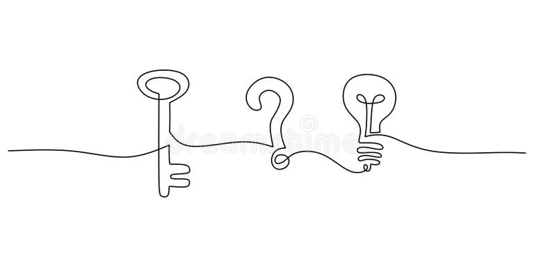 One Line Drawing of a Key, Question Mark, and Light Bulb, Reflecting ...