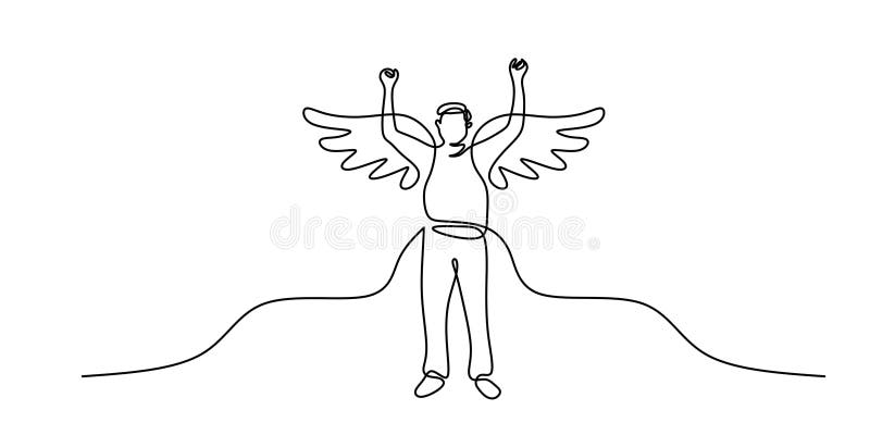 One Line Drawing of a Man with Wings Lifting His Hands, Symbolizing ...