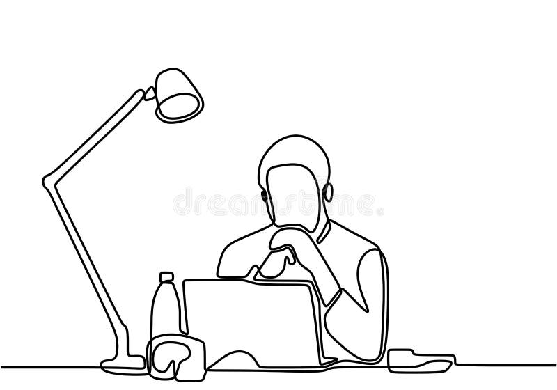 One Line Drawing of Man Working with Laptop Computer Behind Desk. Young ...