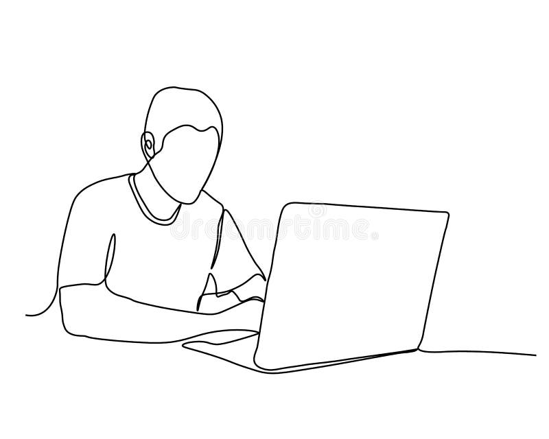 One Line Drawing of a Man Working with a Laptop at the Table. Trendy ...