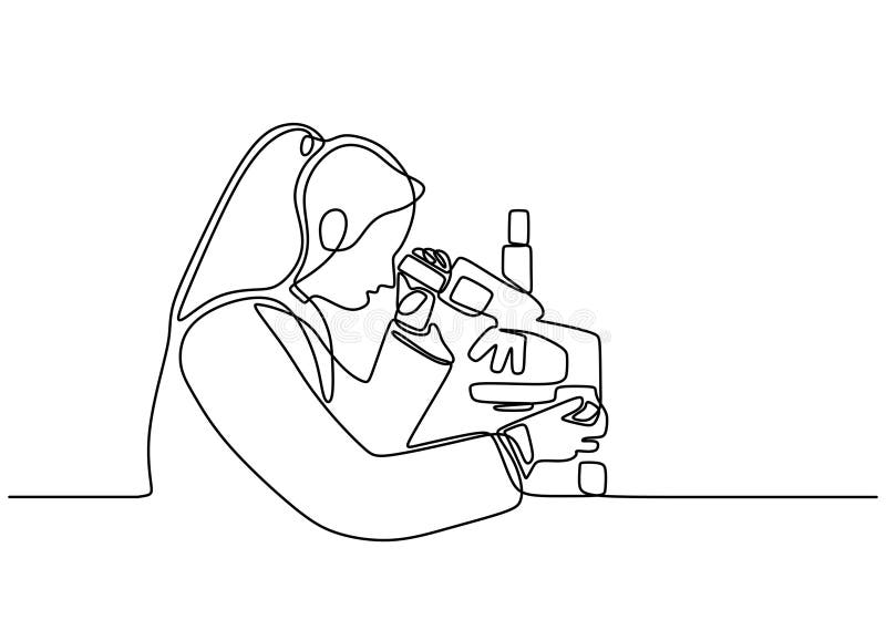 One Line Drawing of a Scientist Engaged with a Microscope, Illustrating ...
